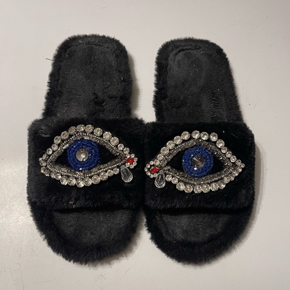 Shoes | Glam Black Faux Fur Beaded Evil Eye Slide Slippers Womens 95 ...